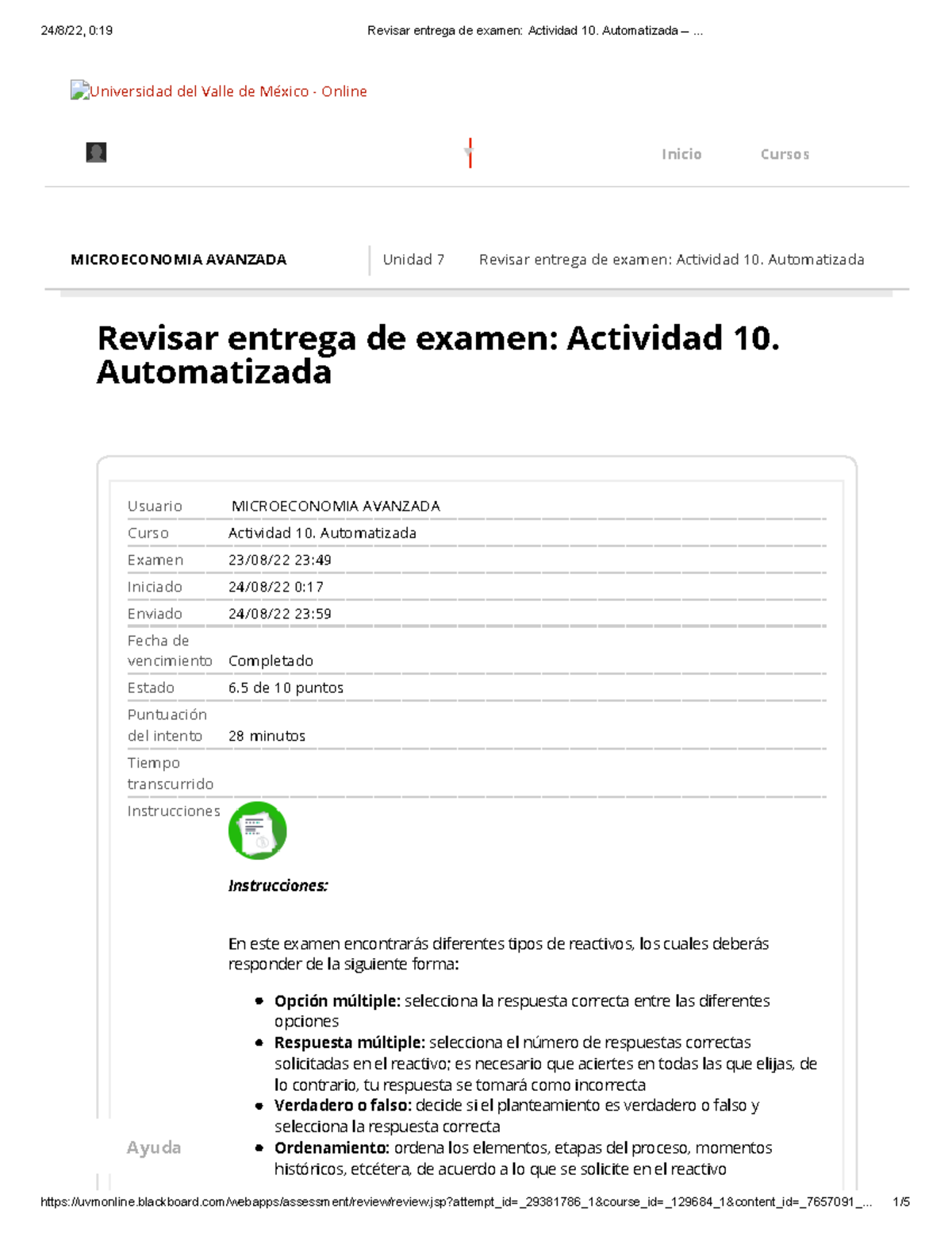 Revisar entrega de examen Actividad 10. Automatizada – - Universidad del Valle de México ...