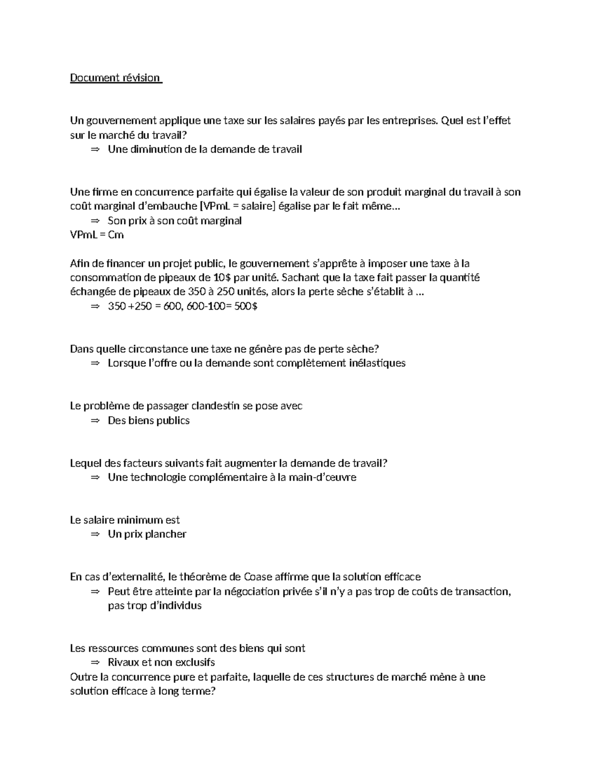 Eco1300 - Question choix multiples - Document révision Un gouvernement ...