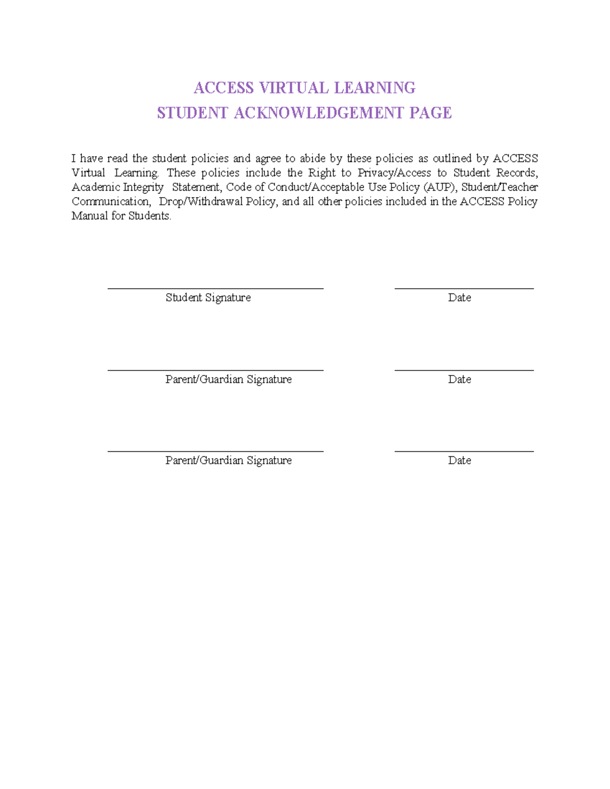 Access VL Student Acknowledgement Page - ACCESS VIRTUAL LEARNING ...