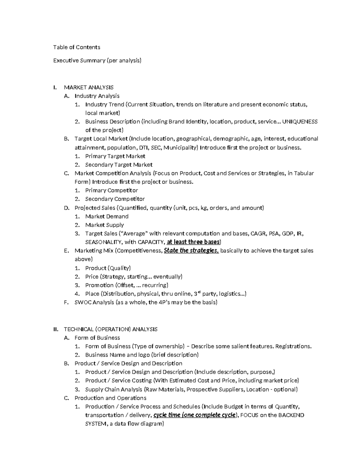 Feasib Format 2023 - Table of Contents Executive Summary (per analysis ...