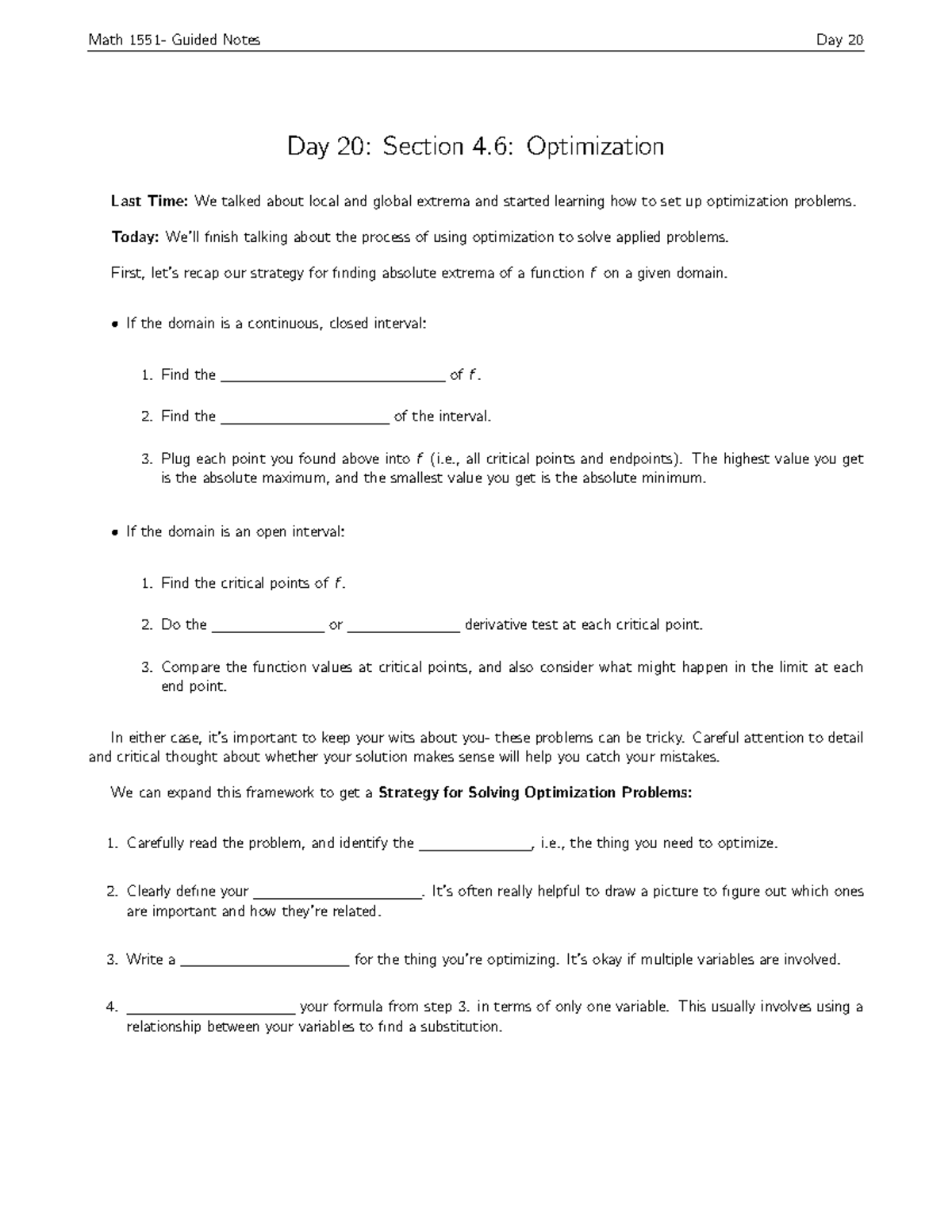 Day 20 - ... - Day 20: Section 4: Optimization Last Time: We talked ...