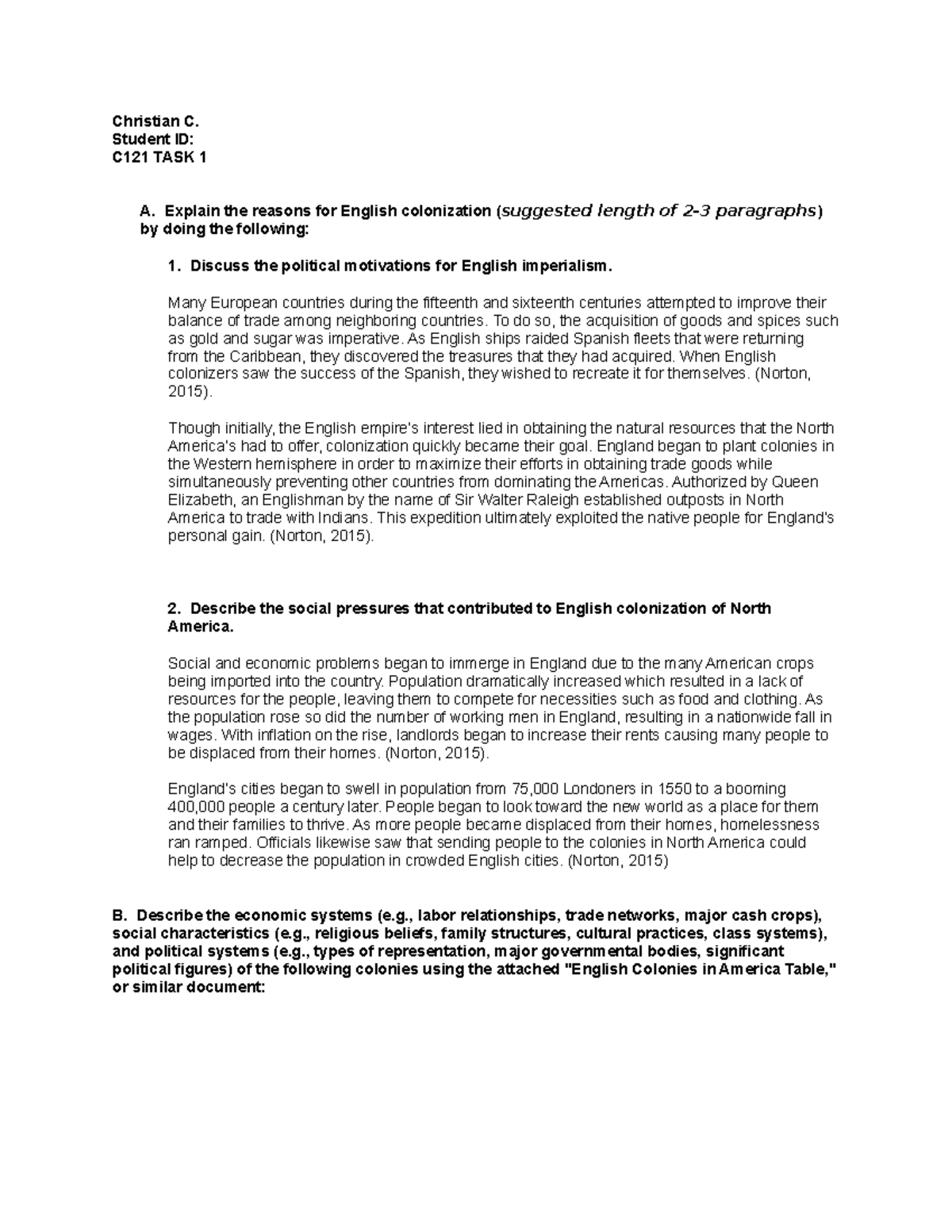 C121 Task 1 - Explain the reasons for English colonization (suggested ...