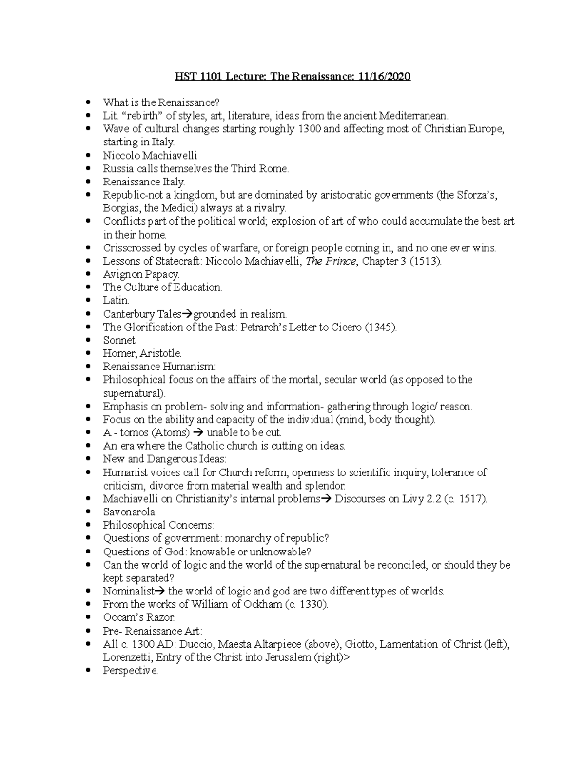 HST 1101 Lecture Renaissance - HST 1101 Lecture: The Renaissance: 11/16 ...