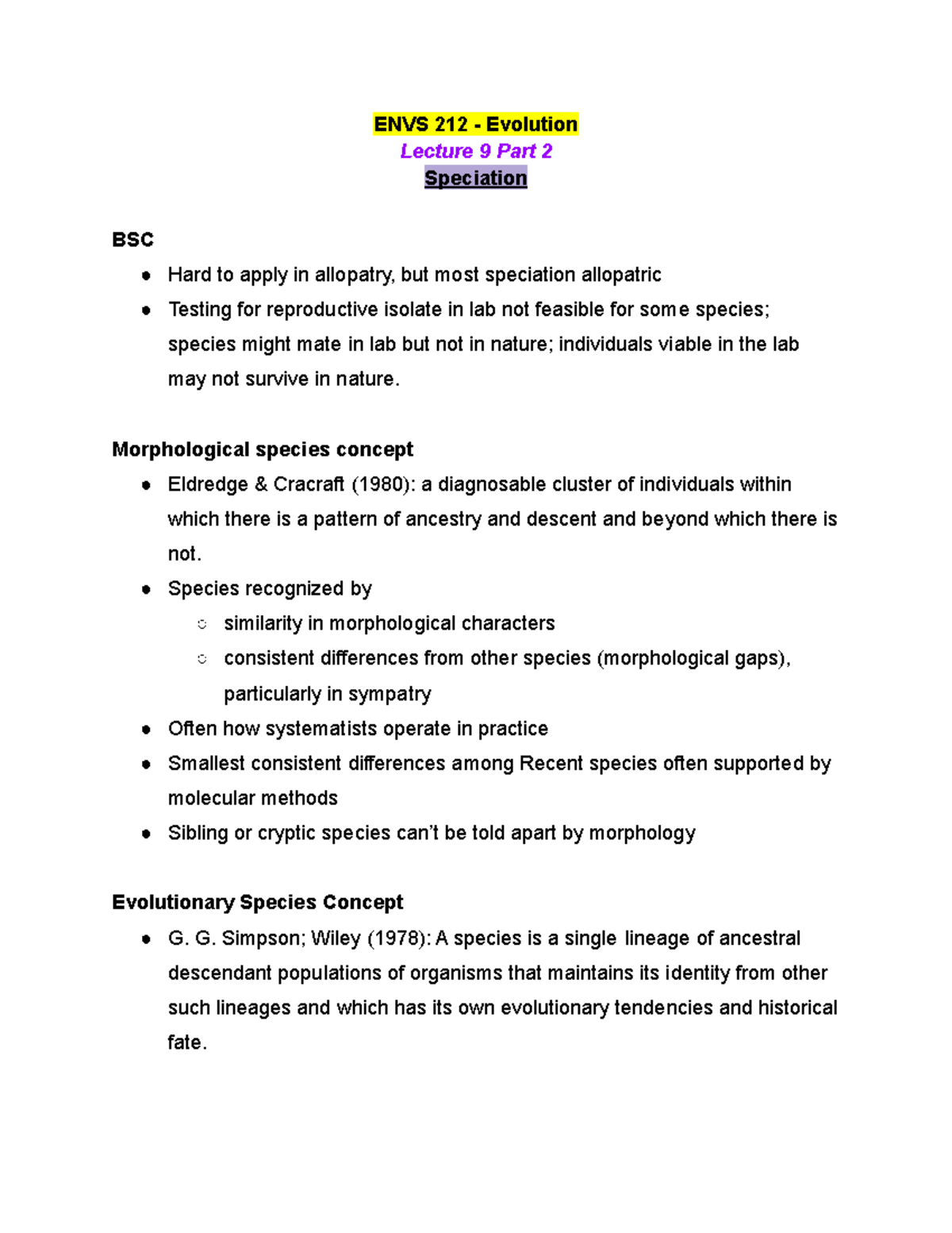 ENVS 212 Lecture 9 Part 2 - Spring 2020 - ENVS 212 - Evolution Lecture 9 Part 2 Speciation BSC ...