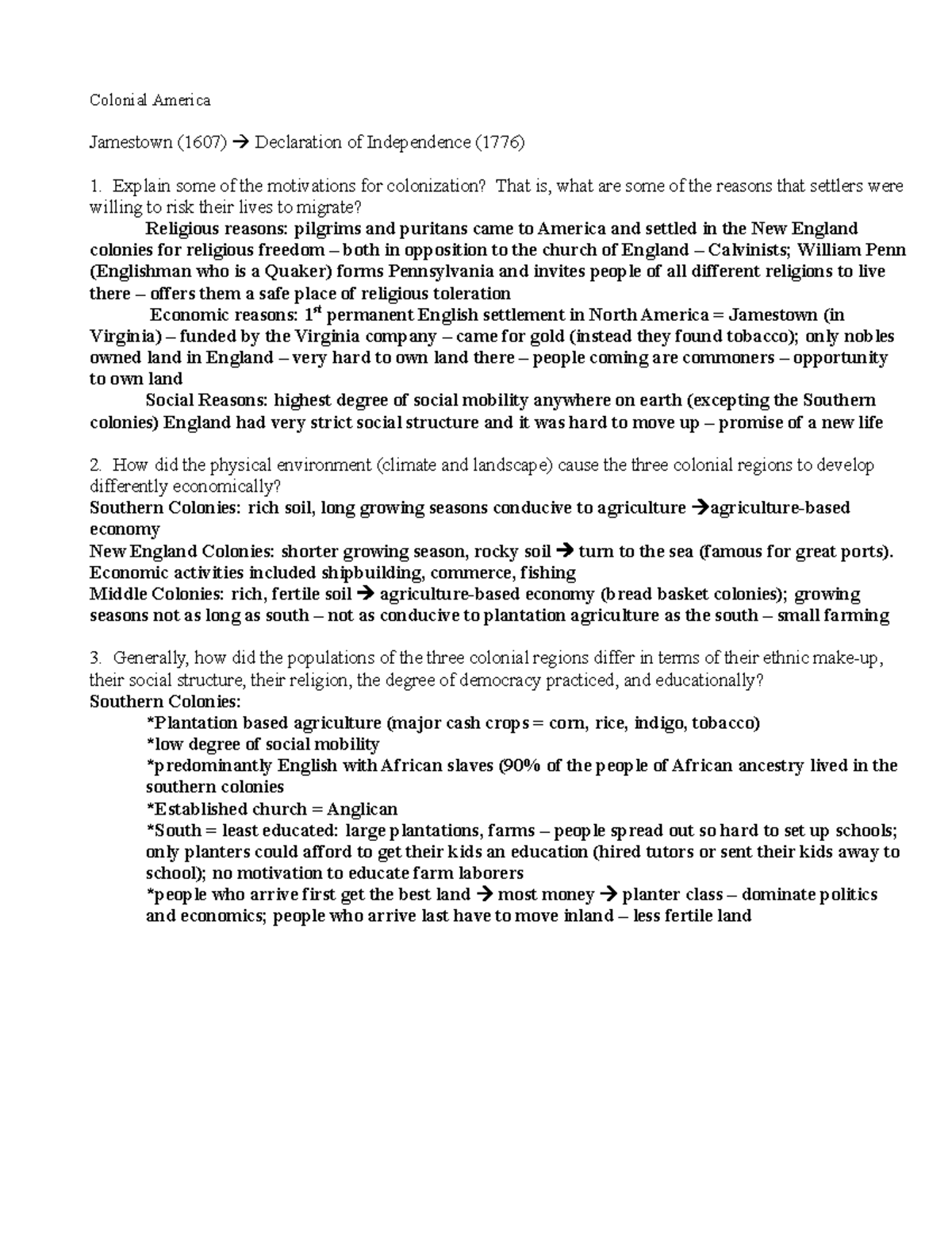 Study Guide Unit 1 - Lecture notes 1 - Colonial America Jamestown (1607 ...