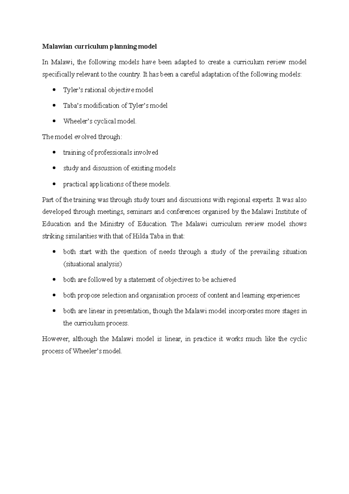 Malawian curriculum planning model - It has been a careful adaptation ...