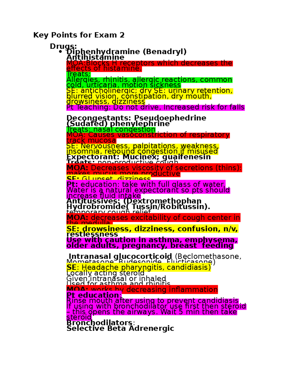 Key Points for Exam 2-1 - Key Points for Exam 2 Drugs ...