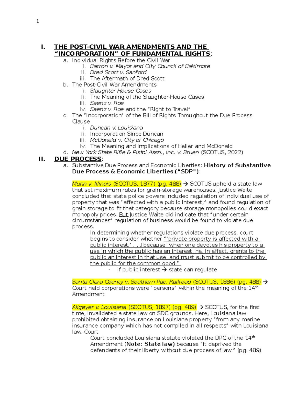 CON LAW II Outline - I. THE POST-CIVIL WAR AMENDMENTS AND THE ...