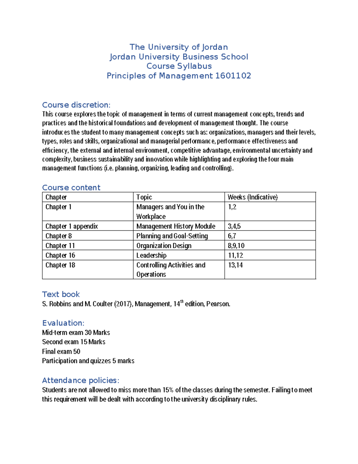 Principles of Management Syllabus NEW 2 - The University of Jordan ...
