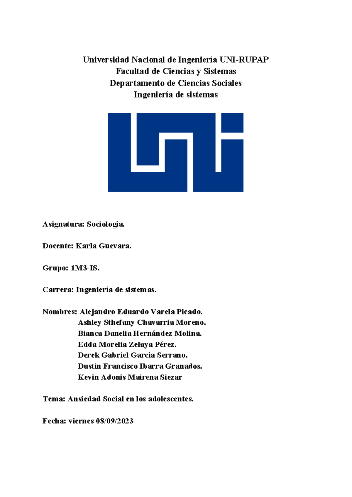 Ansiedad Social - nose - Universidad Nacional de Ingeniería UNI-RUPAP ...