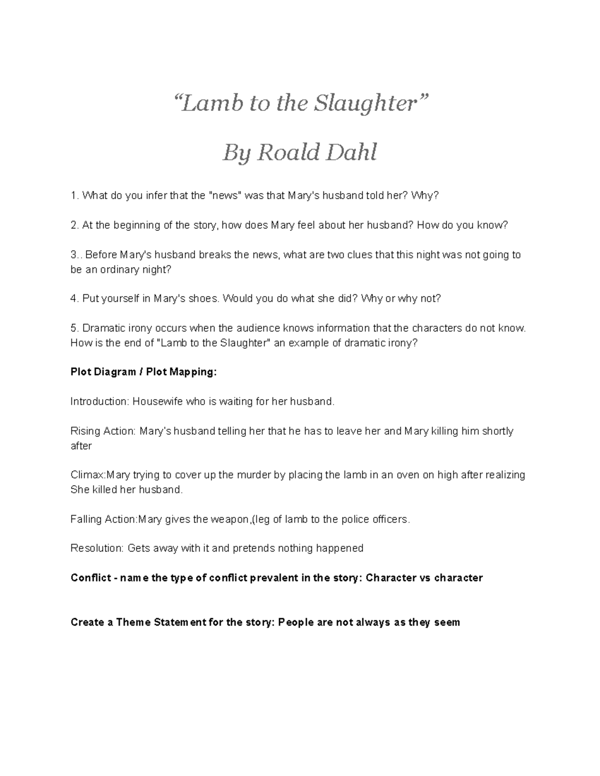 Copy of Lamb to the Slaughter Questions - Student Fillable - “Lamb to ...