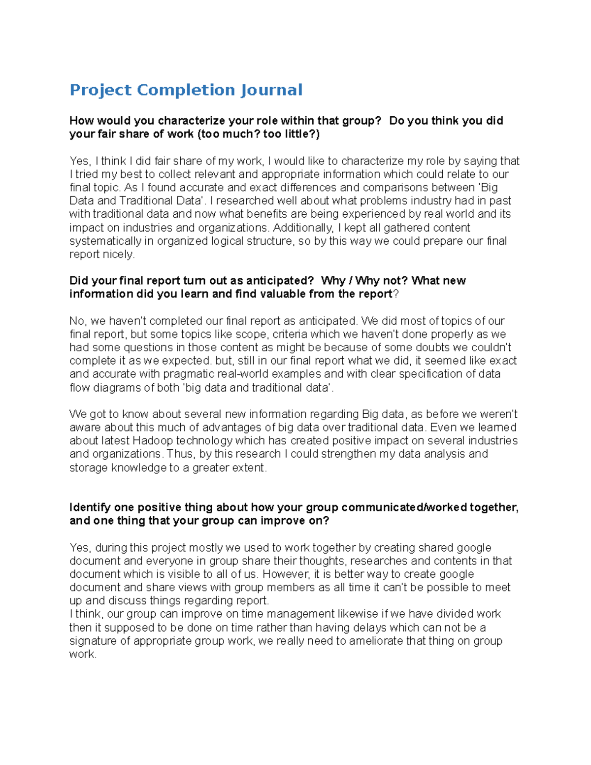 Himani Shah Project Completion Journal - Project Completion Journal How ...