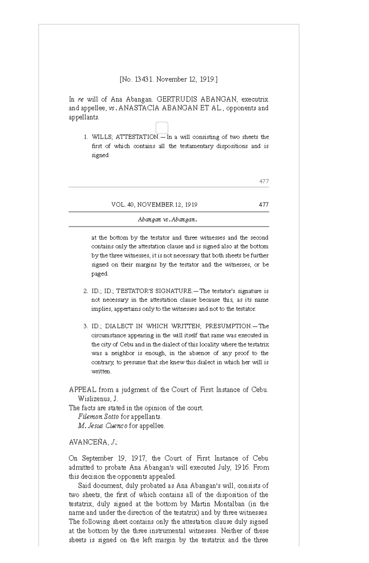 Abangan vs. Abangan, 40 Phil 476 (1919) - [No. 13431. November 12, 1919 ...