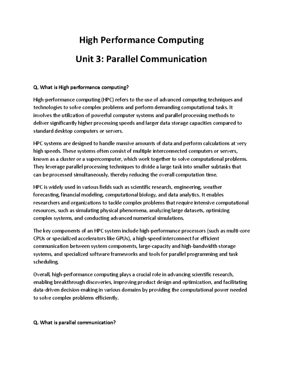 Hpc Notes High Performance Computing Unit 3 Parallel Communication Q What Is High