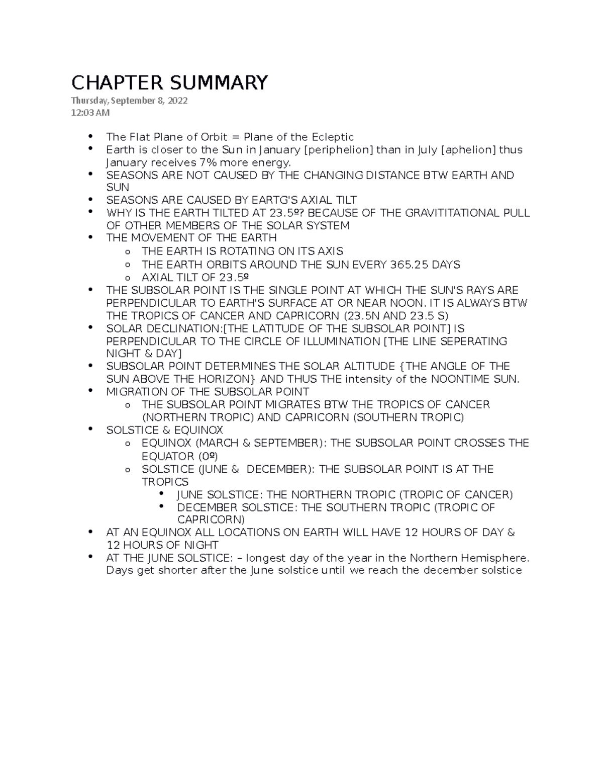 Chapter 3; Solar Energy AND Seasons - CHAPTER SUMMARY Thursday ...