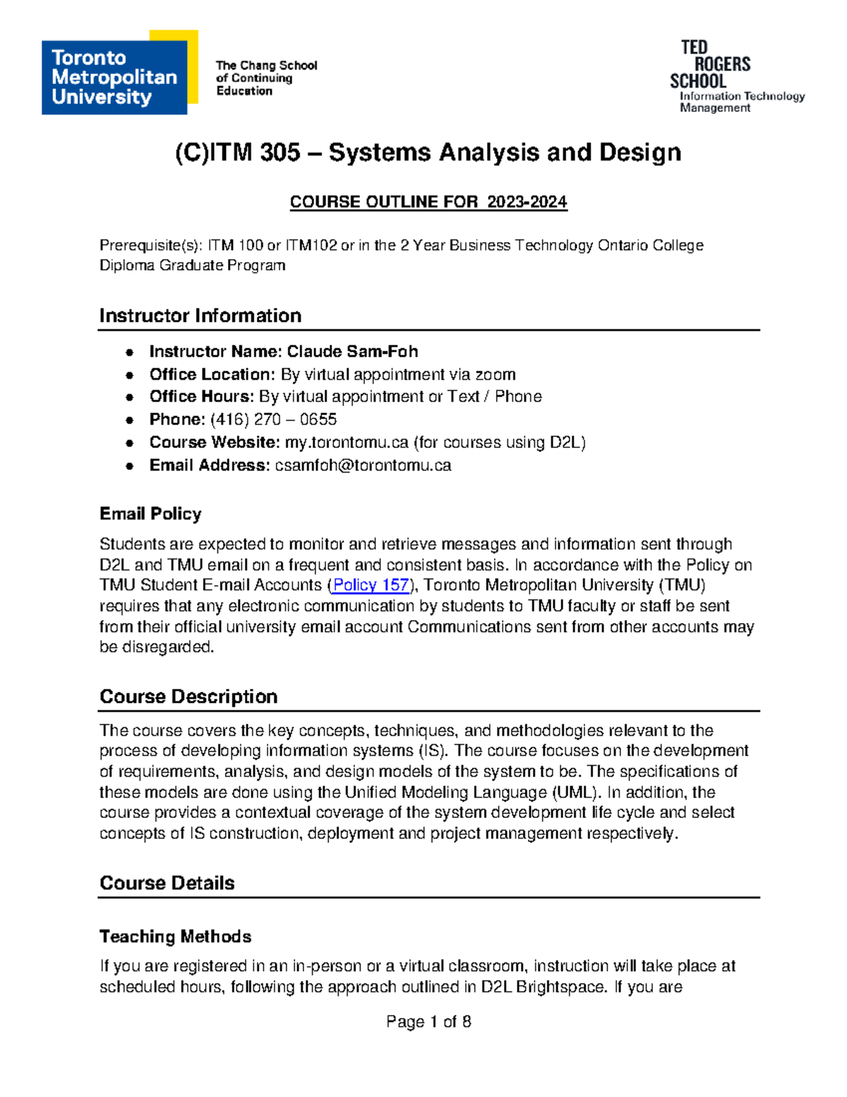 ITM 305 schedule - (C)ITM 305 – Systems Analysis and Design COURSE ...