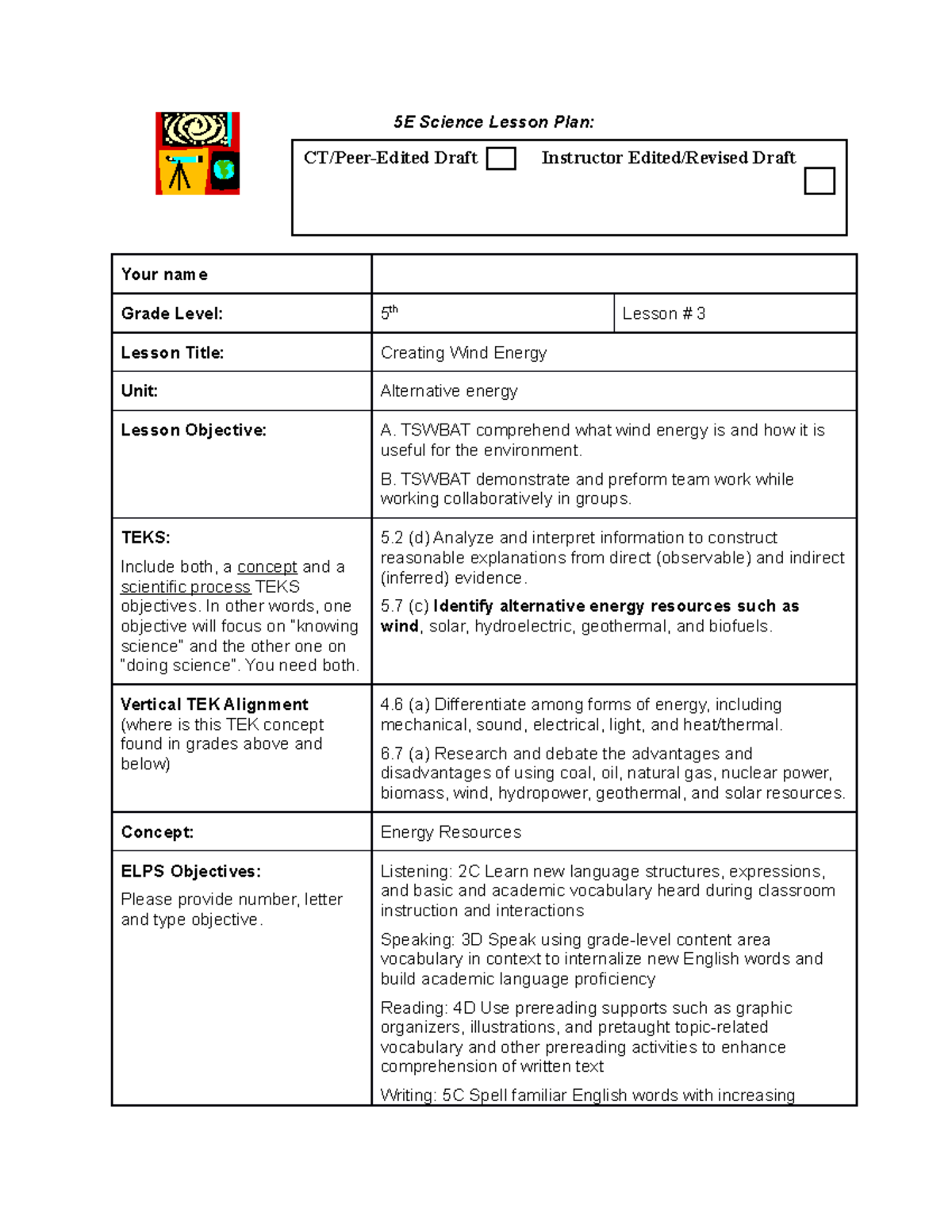 5E LP 3 Wind Energy 5th grade-2 - 5E Science Lesson Plan: Your name ...