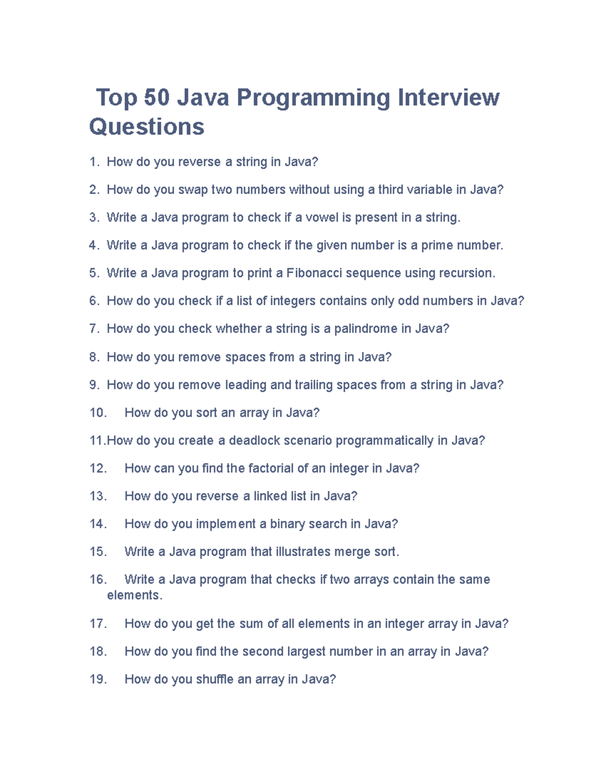 Top 50 Java Programming Interview Questions docx - How do you reverse a string in Java? 2. How ...
