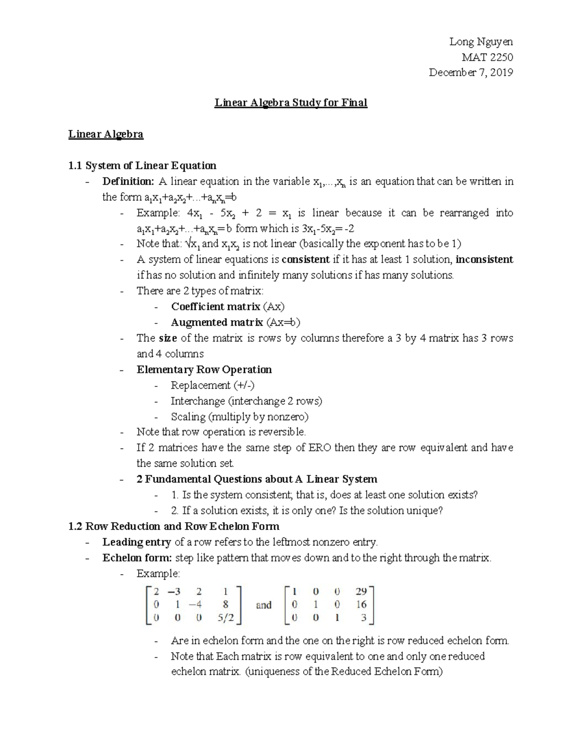 Linear Algebra Study for Final - Long Nguyen MAT 2250 December 7, 2019 ...