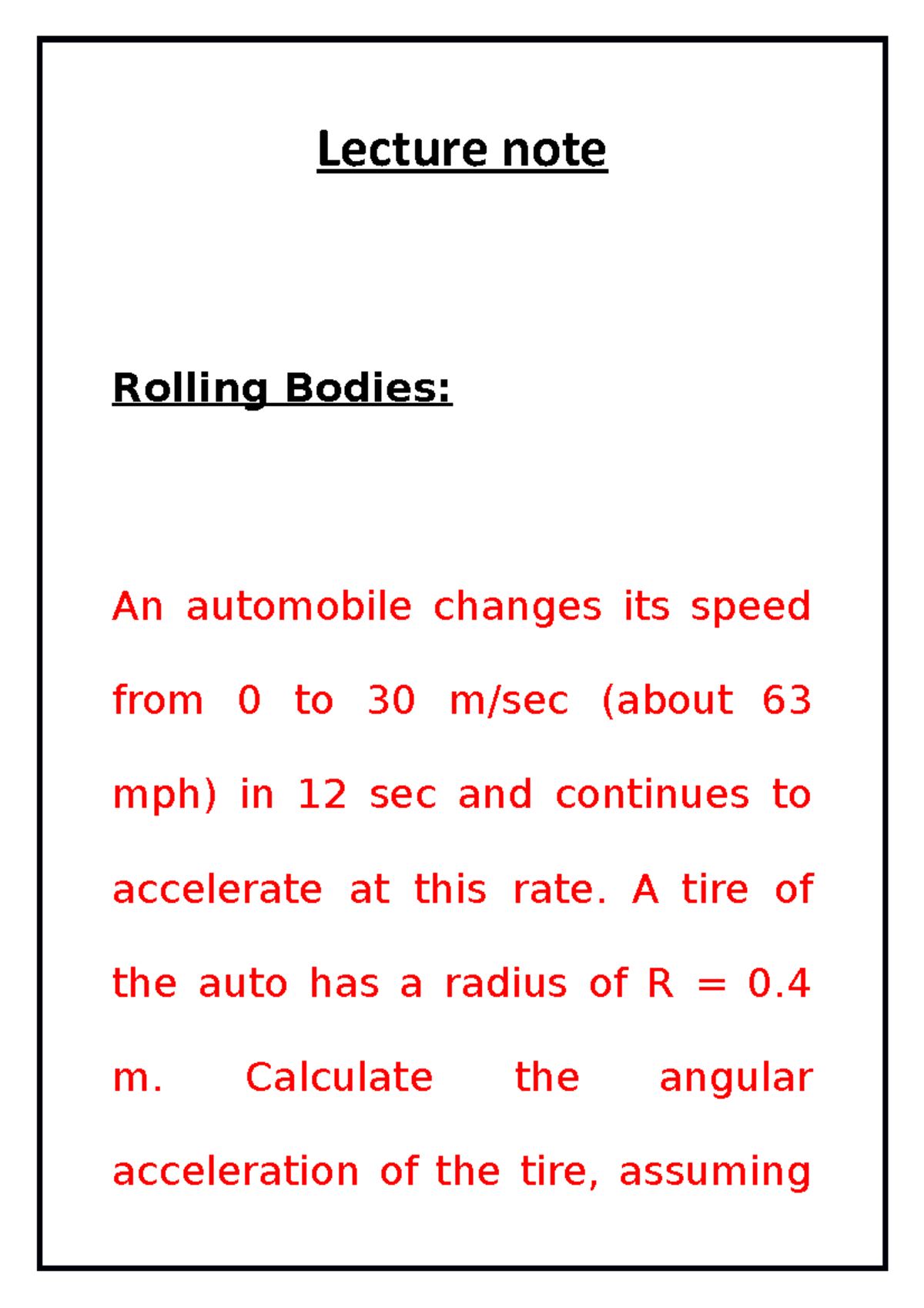 Lecture note of Rolling Bodies - Lecture note Rolling Bodies: An ...