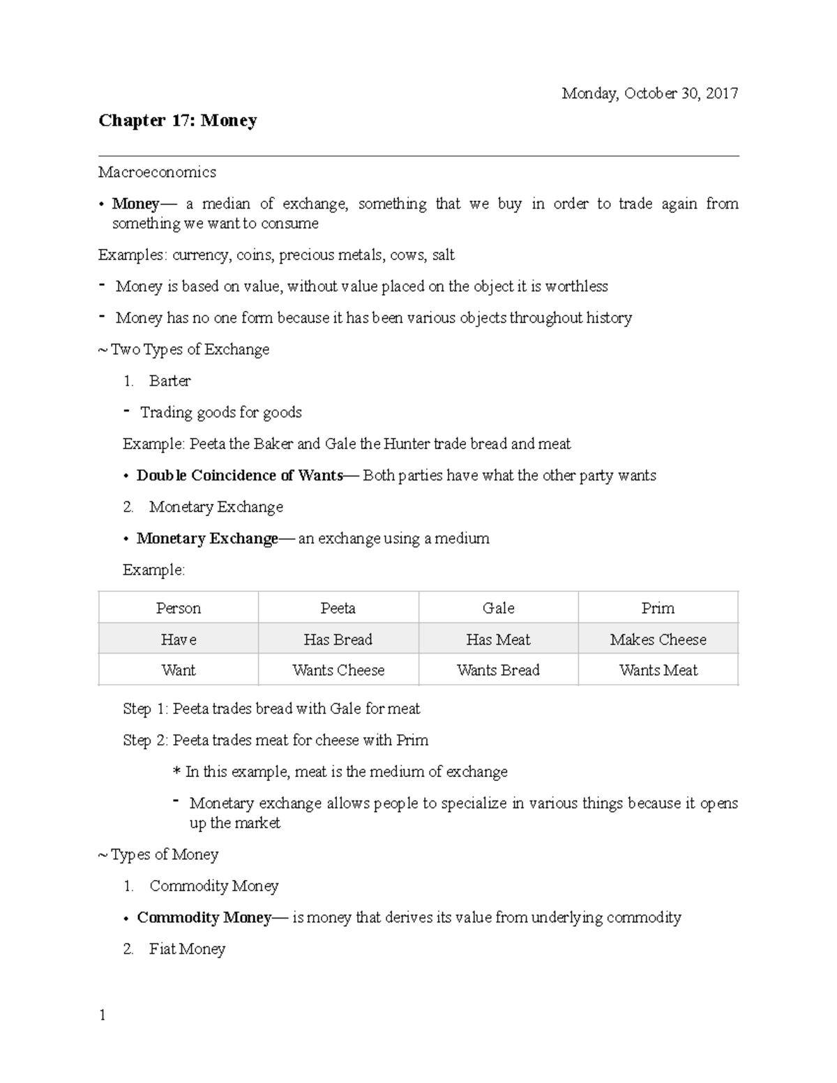 Chapter 17- Money - Dr. Dove - Monday, October 30, 2017 Chapter 17 ...