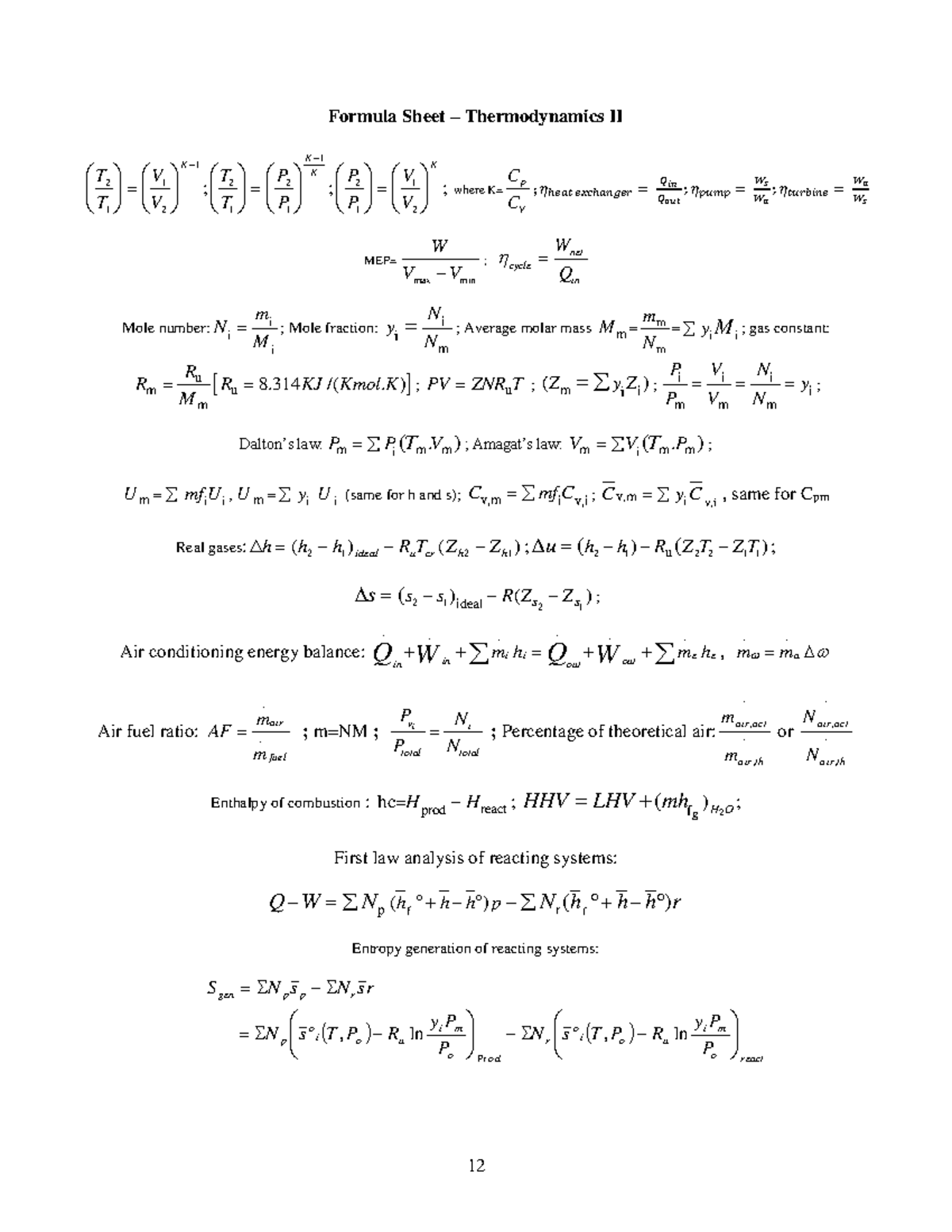 Thermodyanmics II Formula Sheet - 12 Formula Sheet – Thermodynamics II 1 1 2 1 2 2 2 1 1 2 1 1 1 ...
