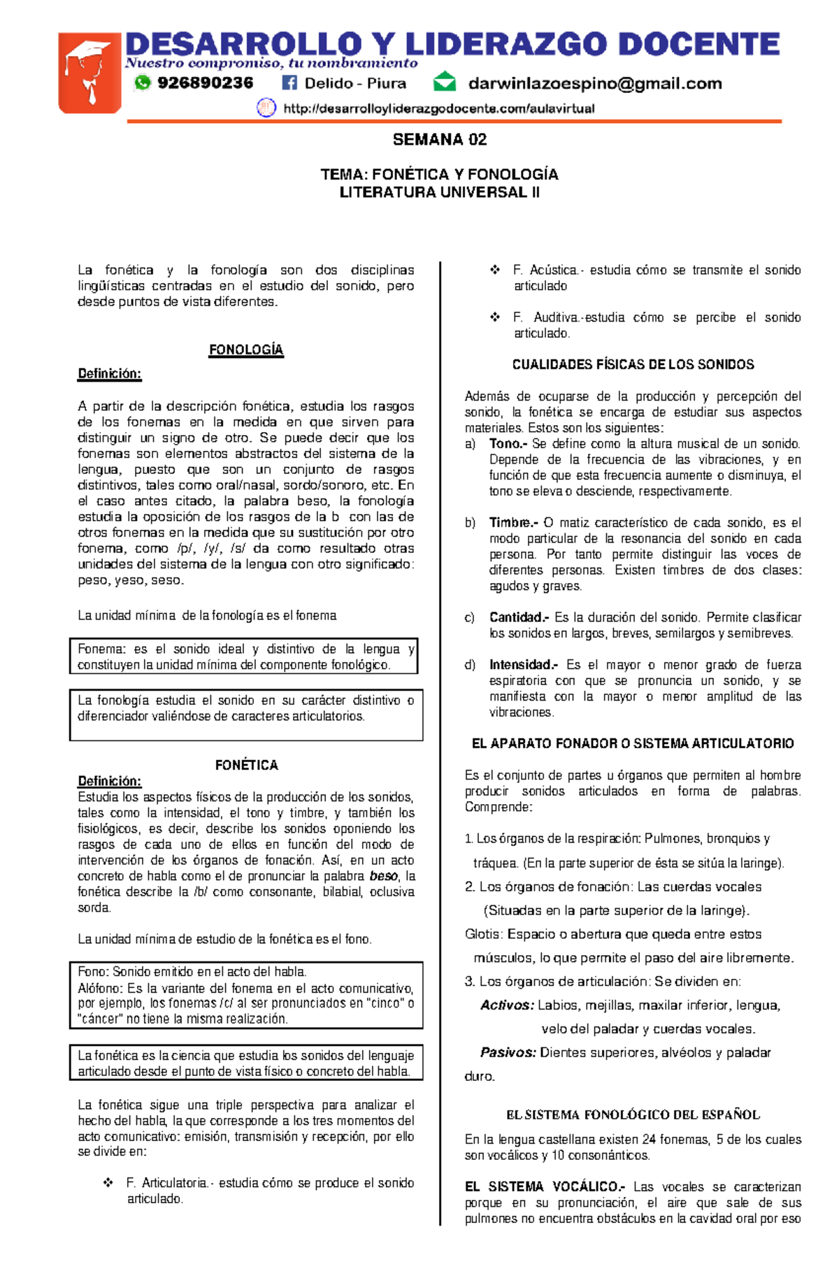 Gramatica Semana 2 - SEMANA 0 2 TEMA: FONÉTICA Y FONOLOGÍA LITERATURA ...
