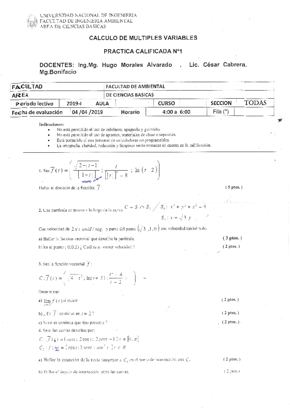 PC 1 2019-1 - Asignatura cálculo - Calculo de una variable - Studocu