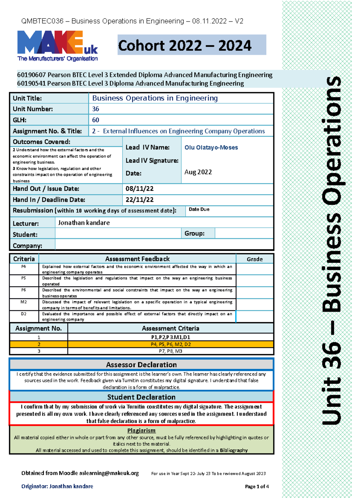 Assignment 2 Unit 36 20-22 - QMBTEC036 – Business Operations in ...