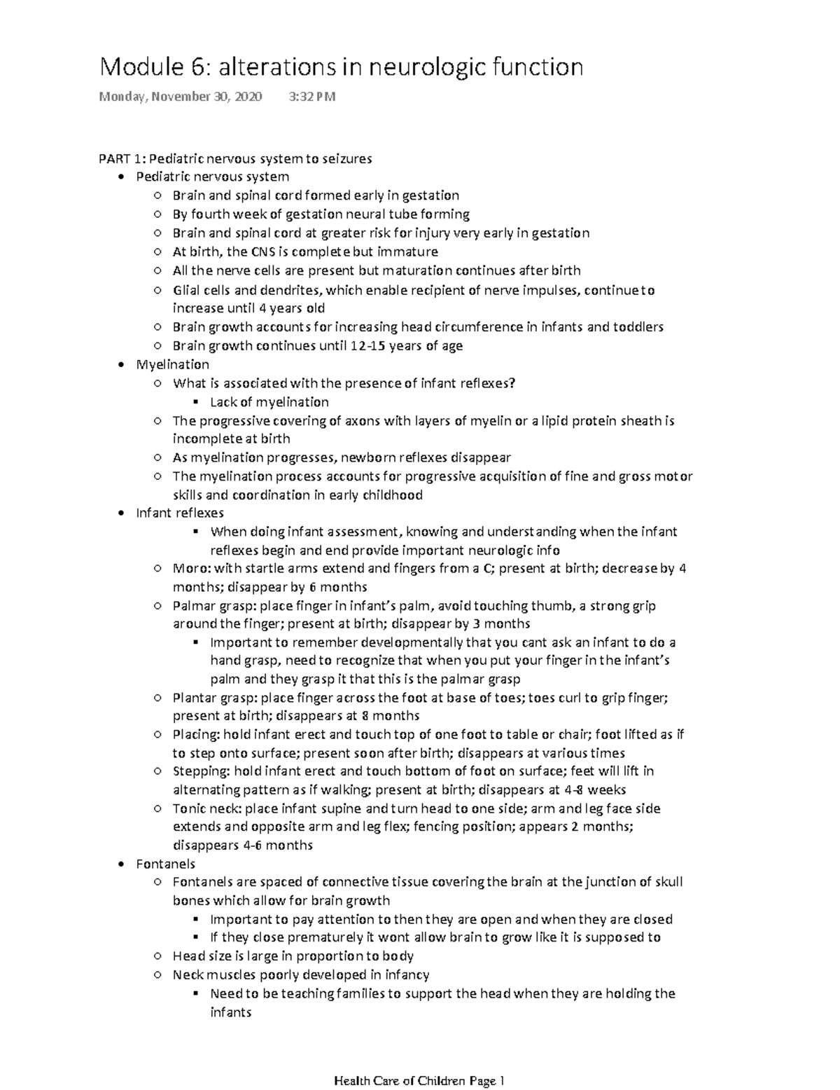 Module 6 alterations in neurologic function - PART 1: Pediatric nervous ...