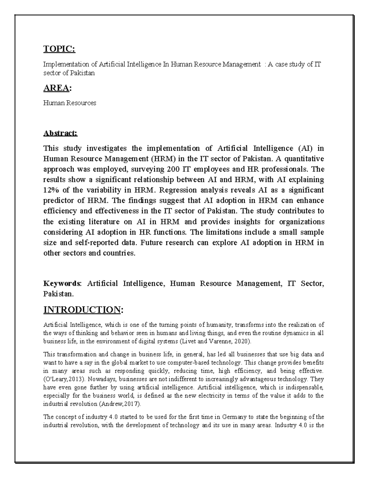BRM assignment - dfkfsjgergkjvfd - TOPIC: Implementation of Artificial Intelligence In Human ...