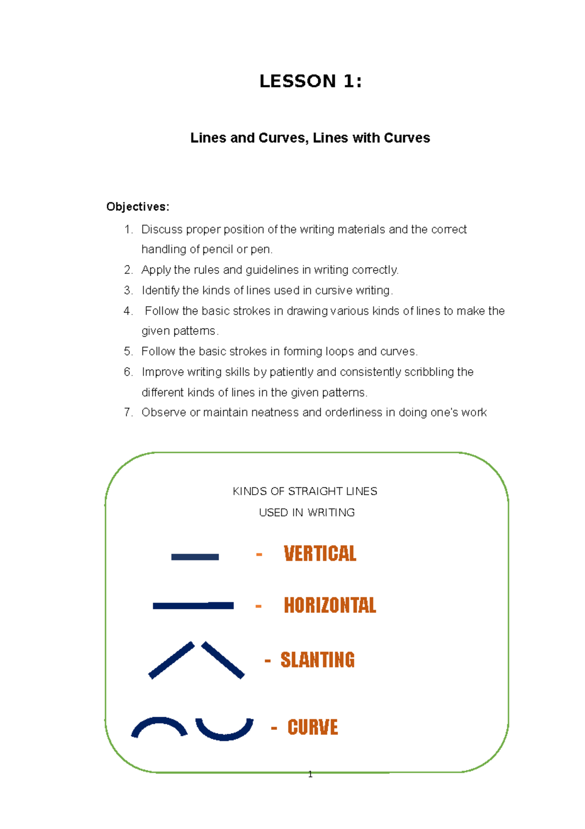 Content - BASIC WRITING LESSONS. - LESSON 1: Lines and Curves, Lines ...