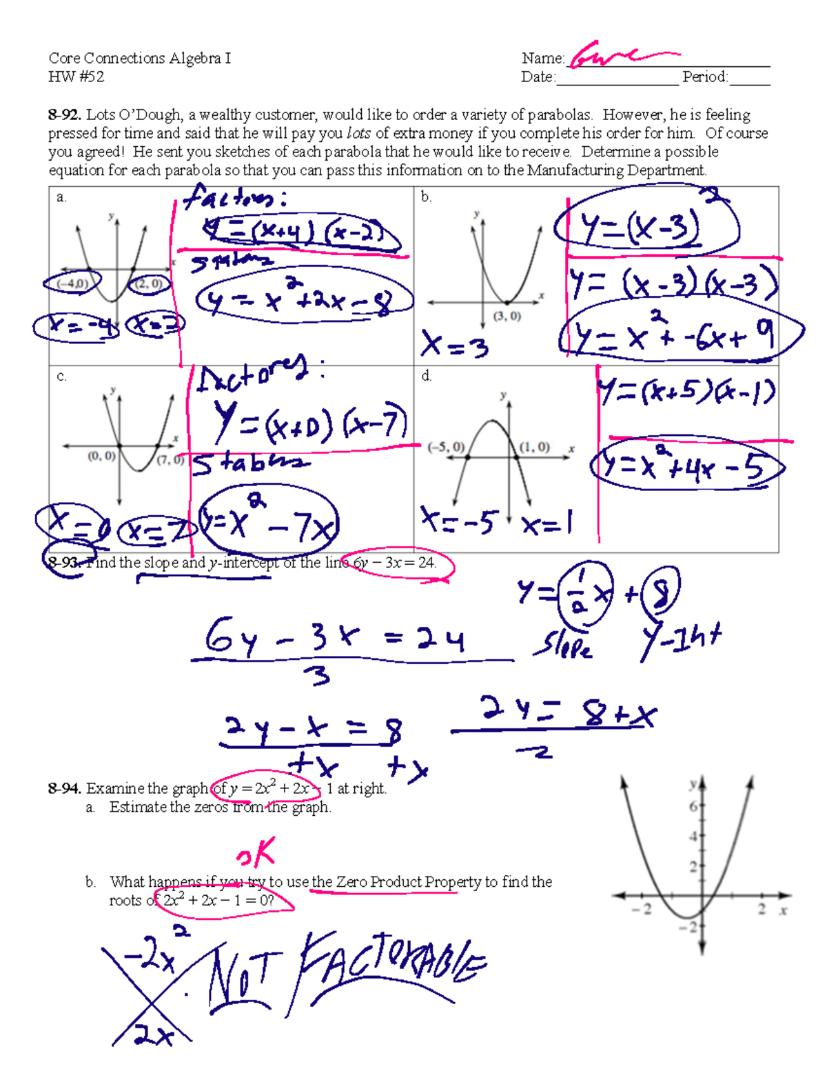 Sheet work #52 - No - Core Connections Algebra I Name ...