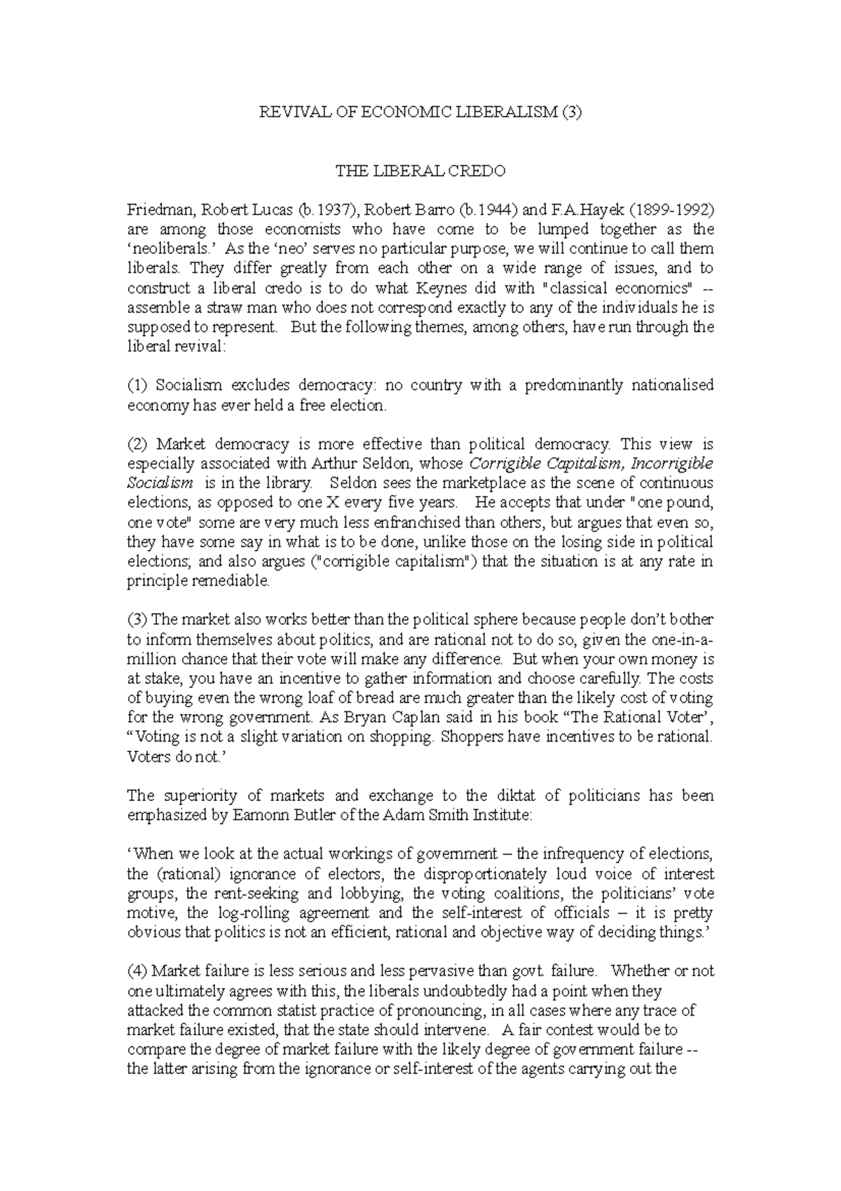 Handout 18 - Lecture notes 18 - REVIVAL OF ECONOMIC LIBERALISM (3) THE ...