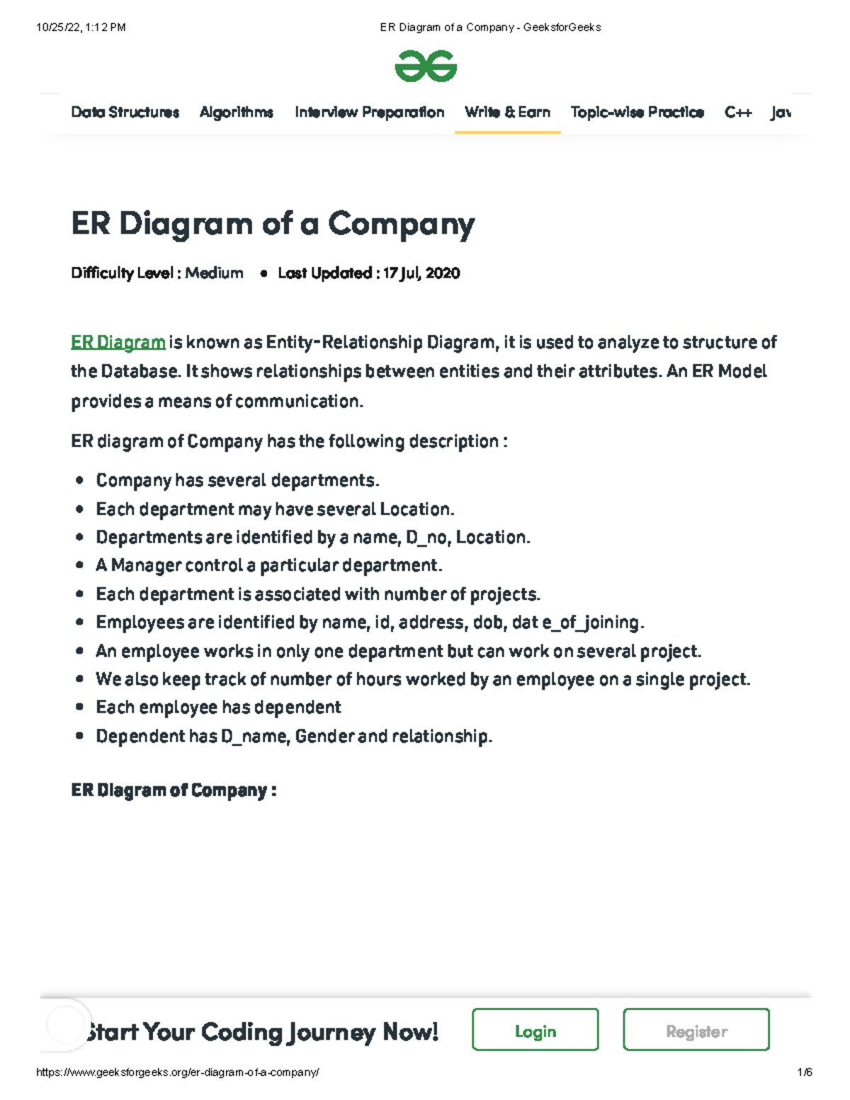 ER Diagram of a Company - Geeksfor Geeks - ER Diagram is known as ...