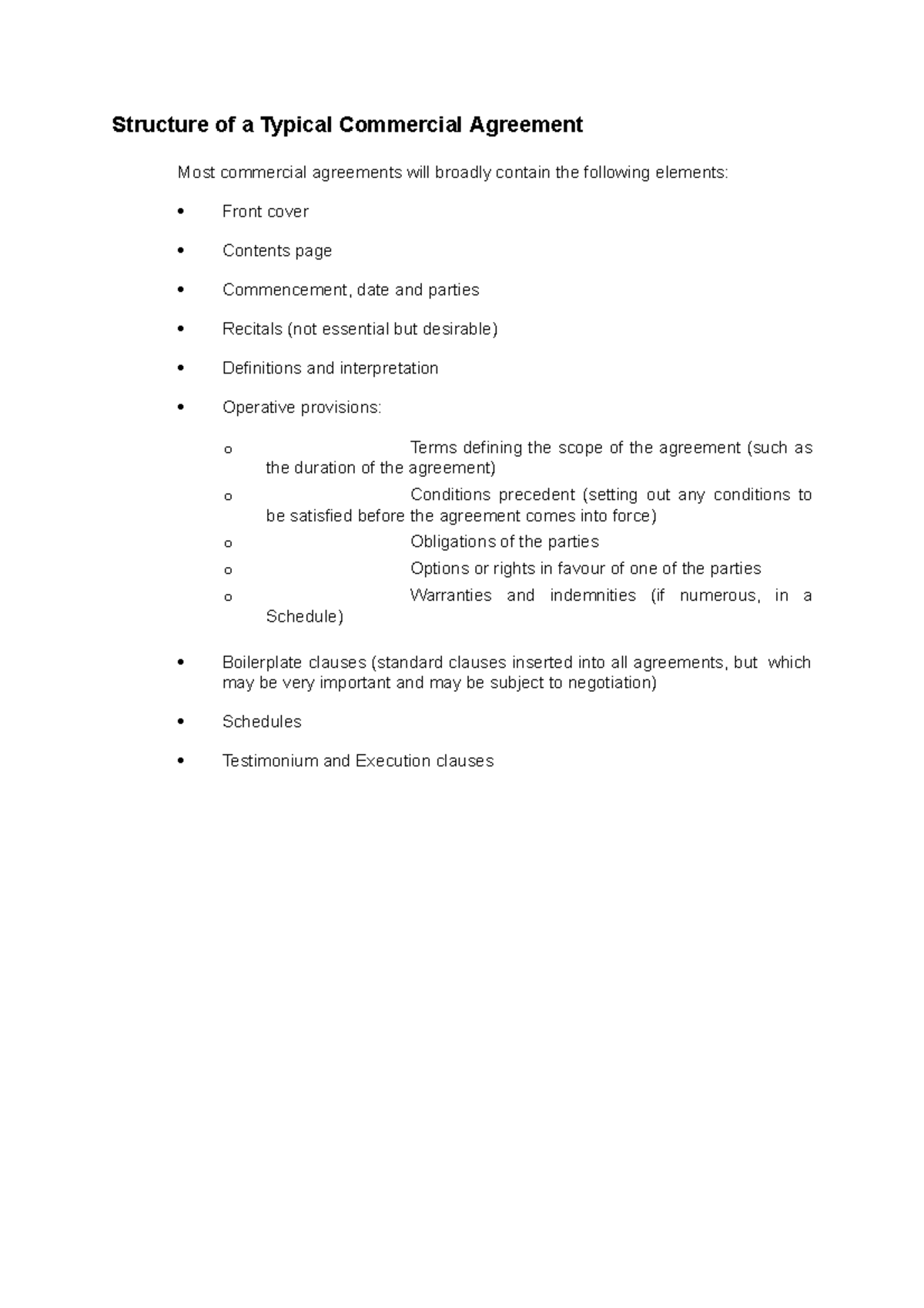 Structure of a Typical Commercial Agreement - BPP - Studocu