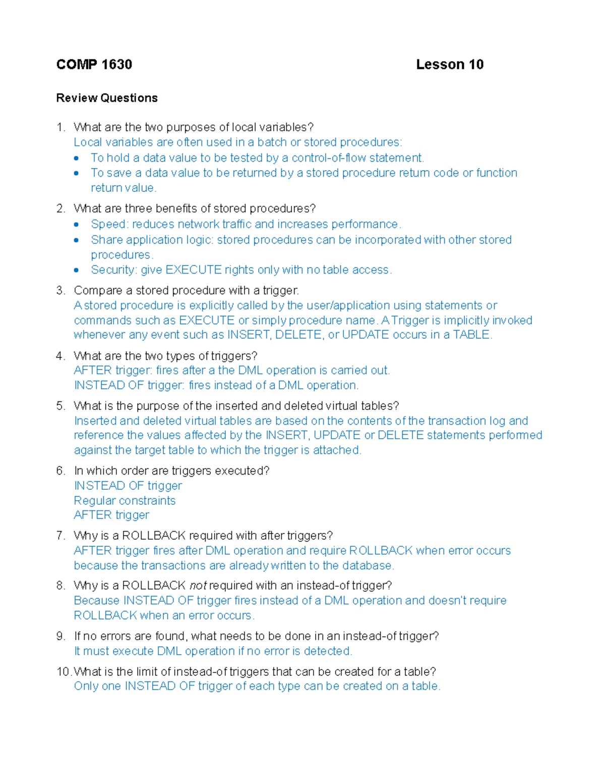 Comp 1630 Lesson 10 Questions Answered Comp 1630 Lesson 10 Review Questions What Are The Two