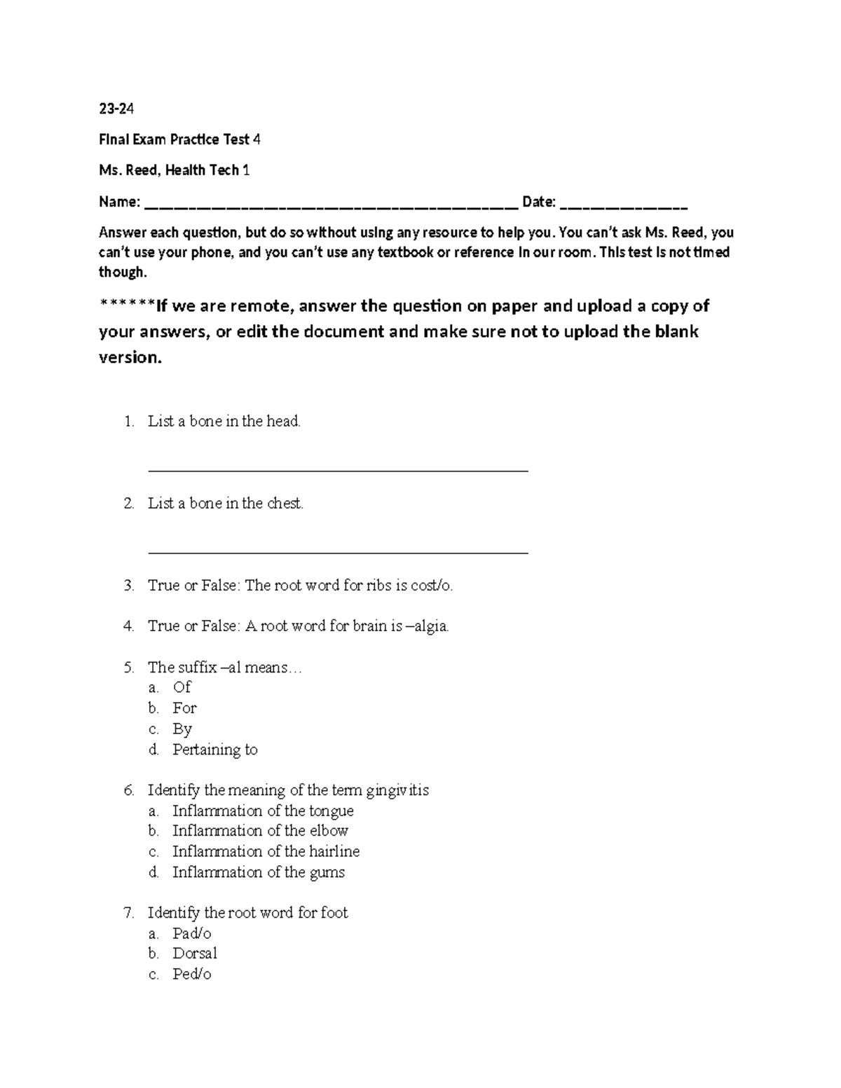 Final exam practice test 4 - 23- Final Exam Practice Test 4 Ms. Reed ...