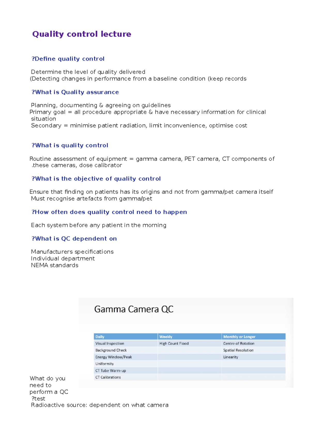 Quality control new - notes - Quality control lecture ?Define quality ...