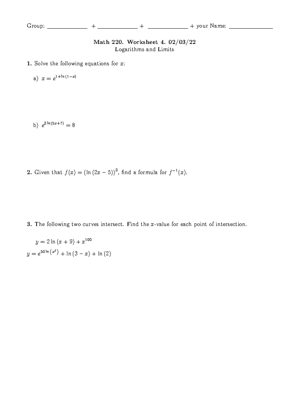 WS 7 - PROFESSOR WAS LAURA PLACZEK - Group: + + + your Name: Math 220 ...