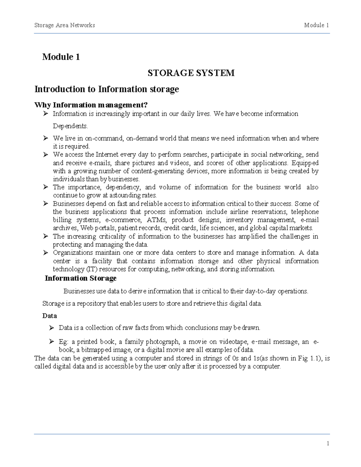 Mod 1 classroom - SAN Notes (18CS822) - Module 1 STORAGE SYSTEM ...