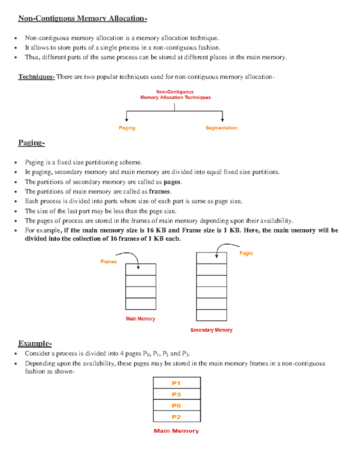 Non-contiguous memory - It allows to store parts of a single process in a non-contiguous fashion ...