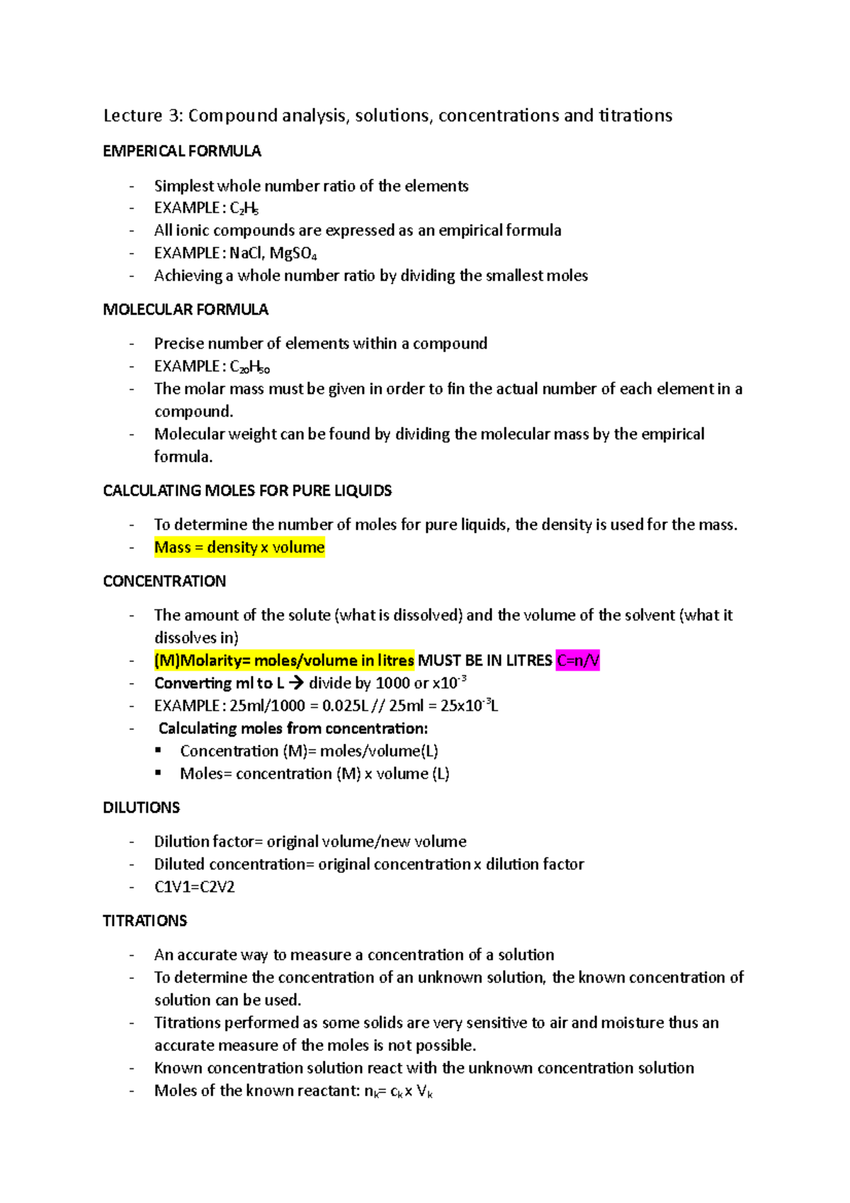 Lecture 3- Compound Analysis, Solutions, Concentrations and Titrations ...