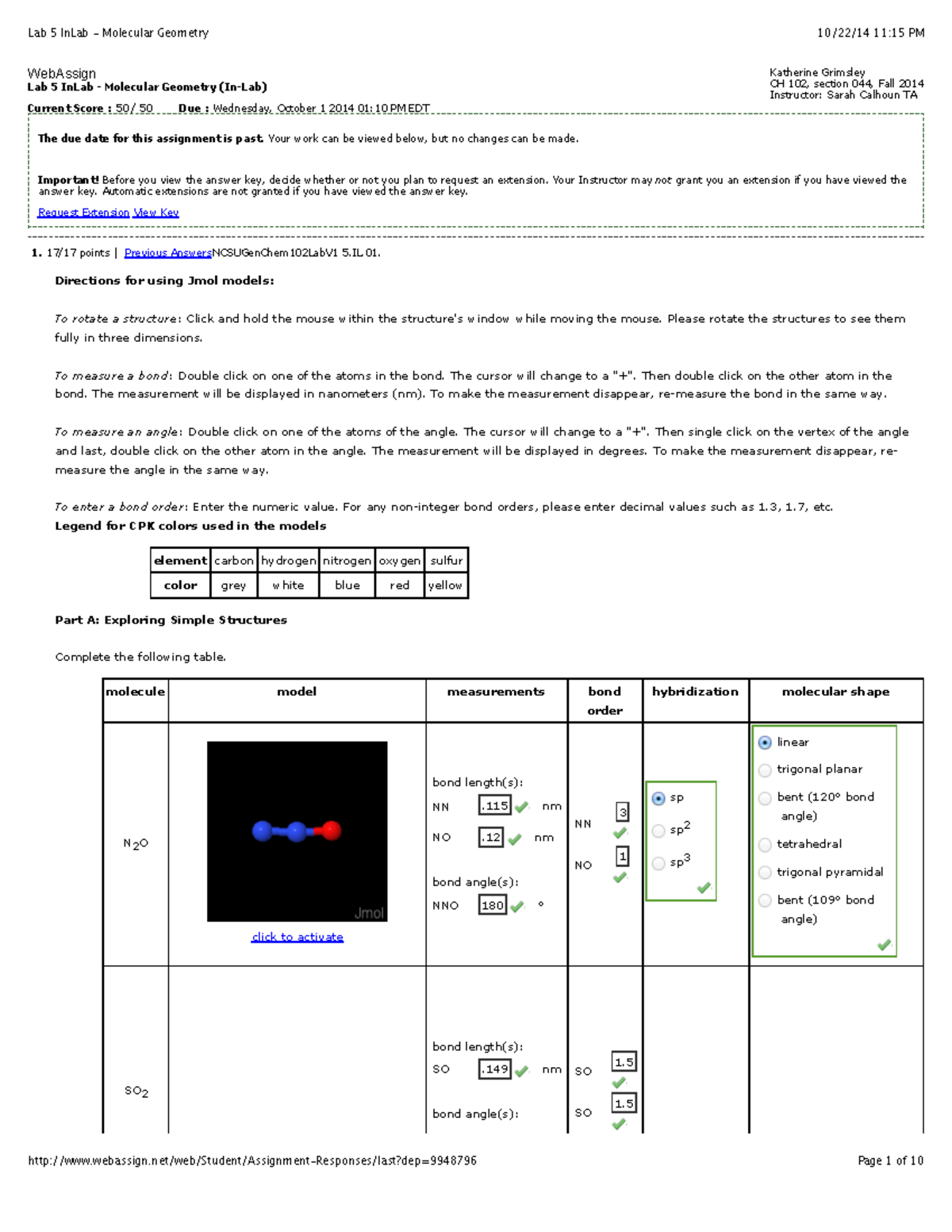 Lab 5 In Lab - Molecular Geometry - Current Score : 50 / 50 Due ...