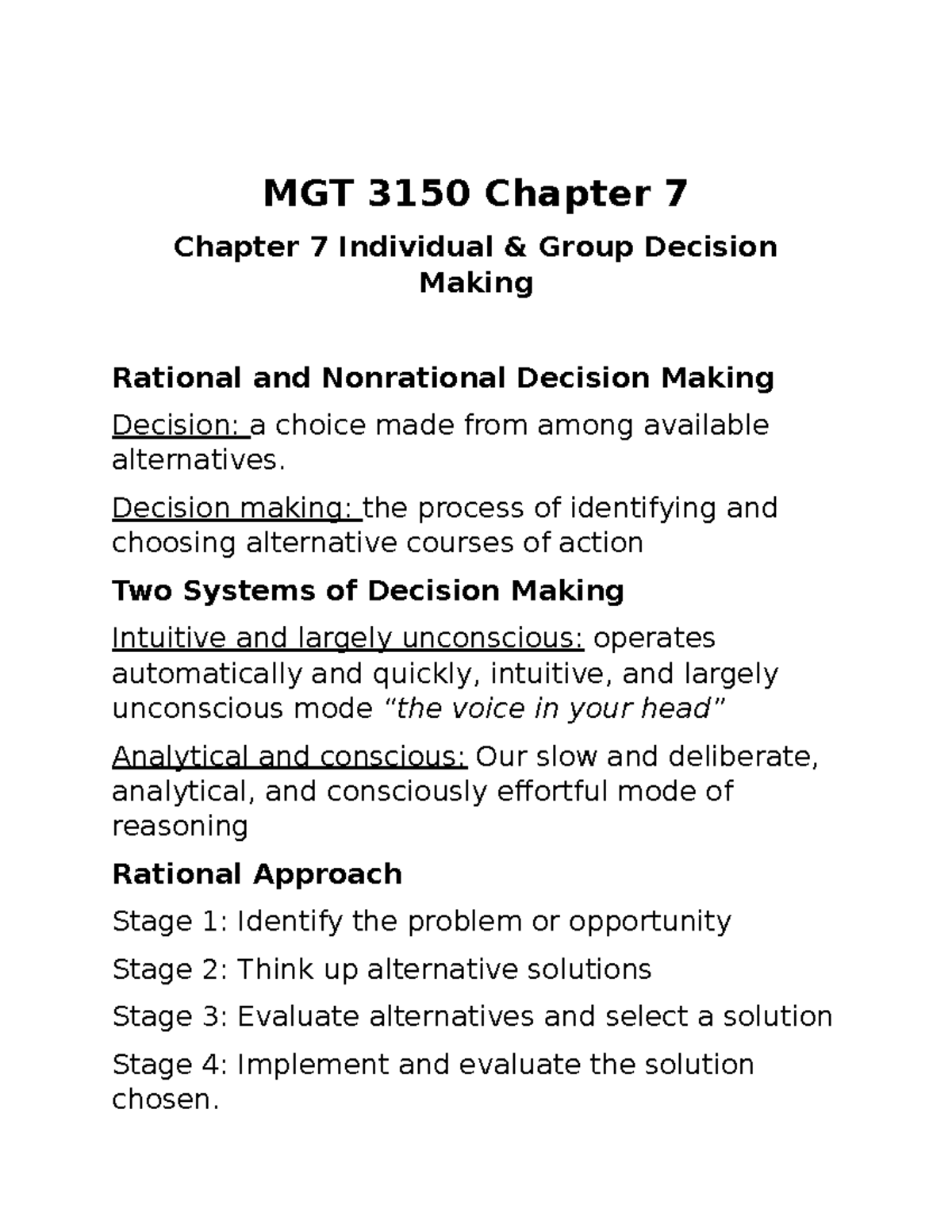 MGT 3150 Chapter 7 - Rational and Nonrational Decision Making Ethical ...