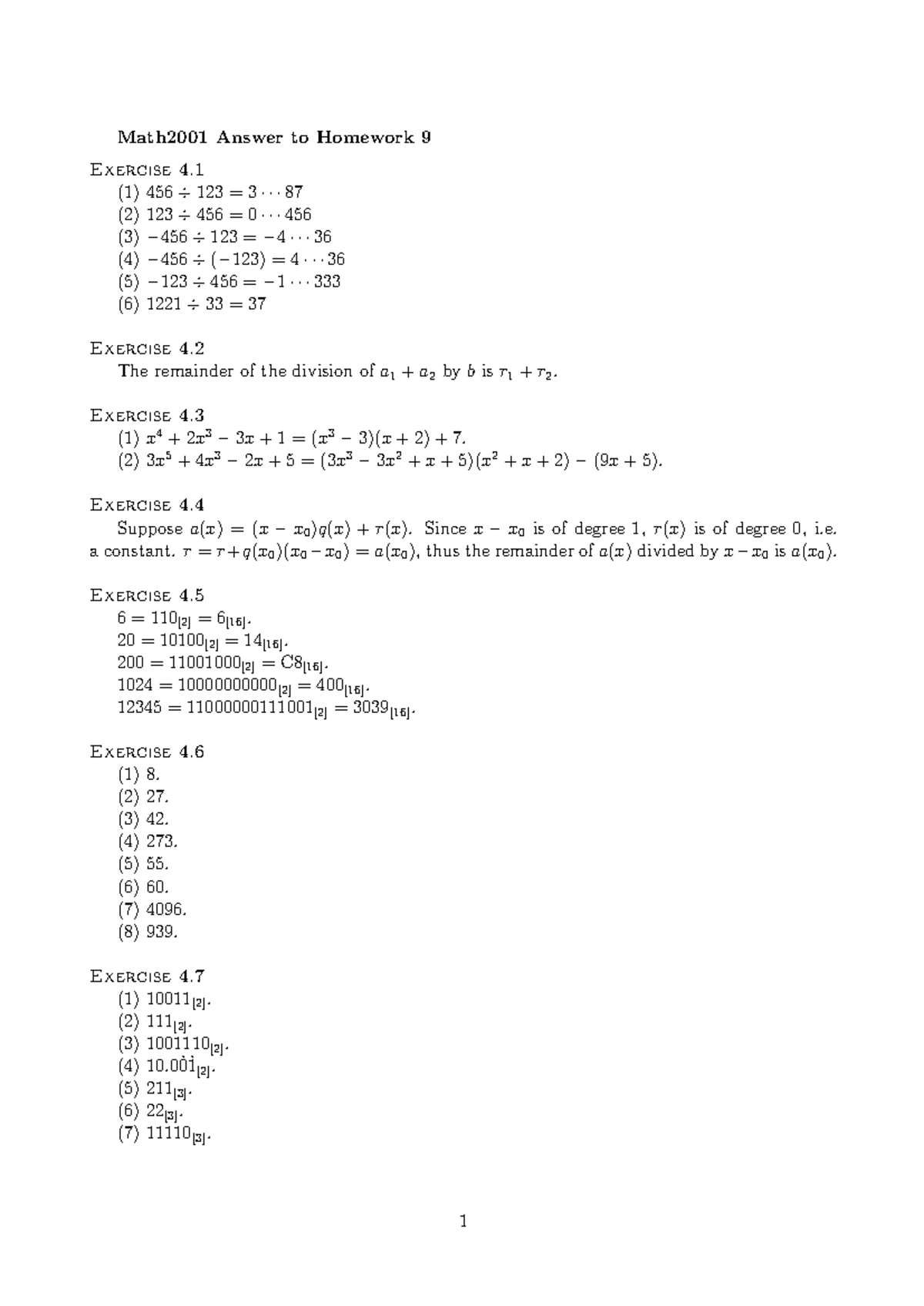 Homework 09 ans - Math2001 Answer to Homework 9 Exercise 4. (1) 456 ÷ ...