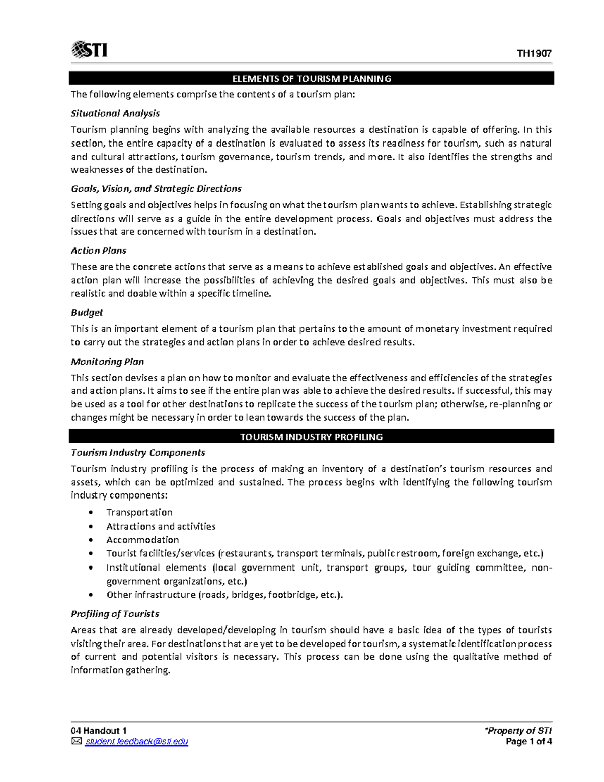 04 Handout 1(Tourism Policy) - 04 Handout 1 *Property of STI ELEMENTS ...