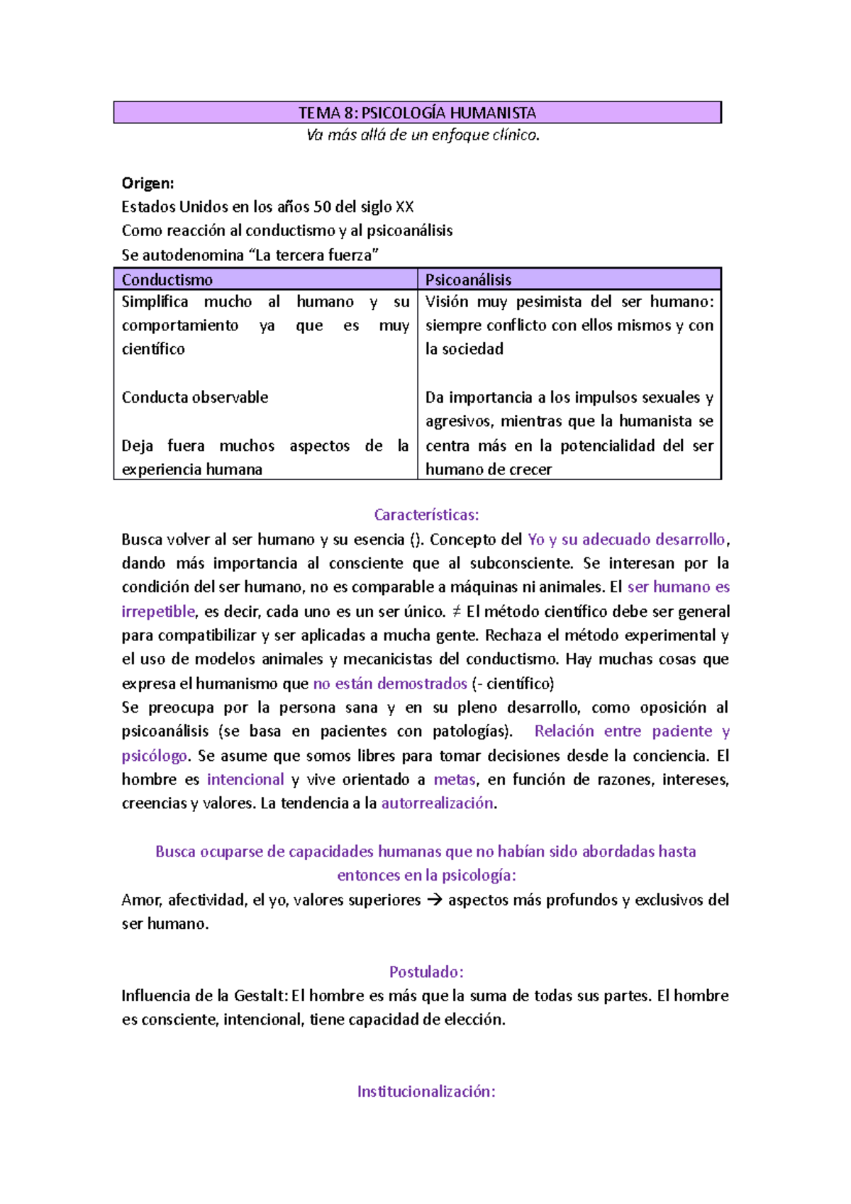 Tema 8. Humanismo - 1ºpsico - TEMA 8: PSICOLOGÍA HUMANISTA Va más allá ...