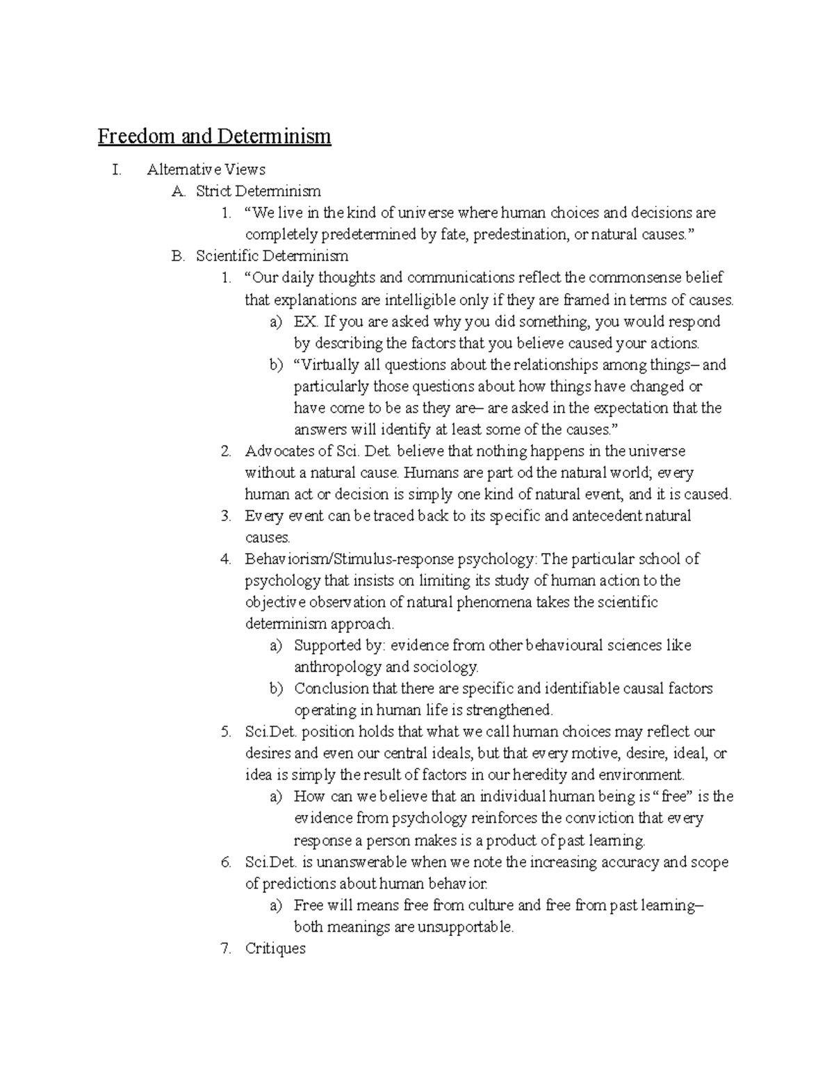 Philo 101 CH6 8 Outline for midterm - Freedom and Determinism I ...