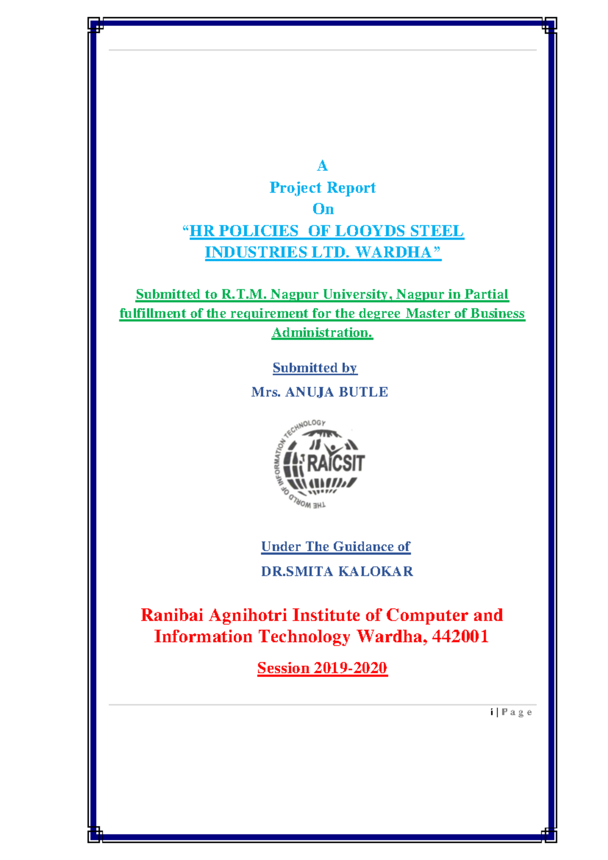 Finel - MBA HR PROJECT IN RTMNU - i | P a g e A Project Report On